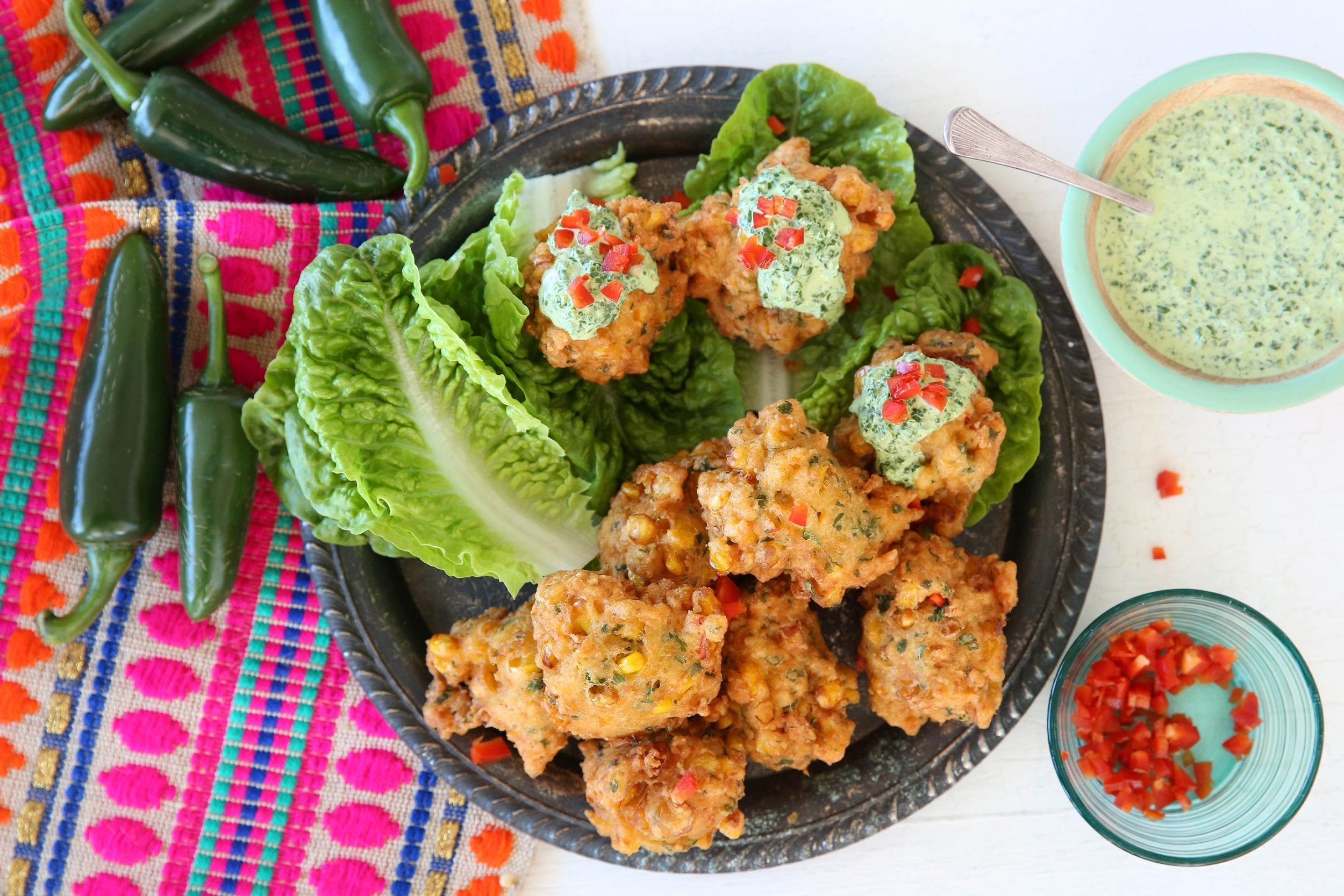 Spicy Corn Fritters with Coriander Jalapeño Cream | Wicked Hots